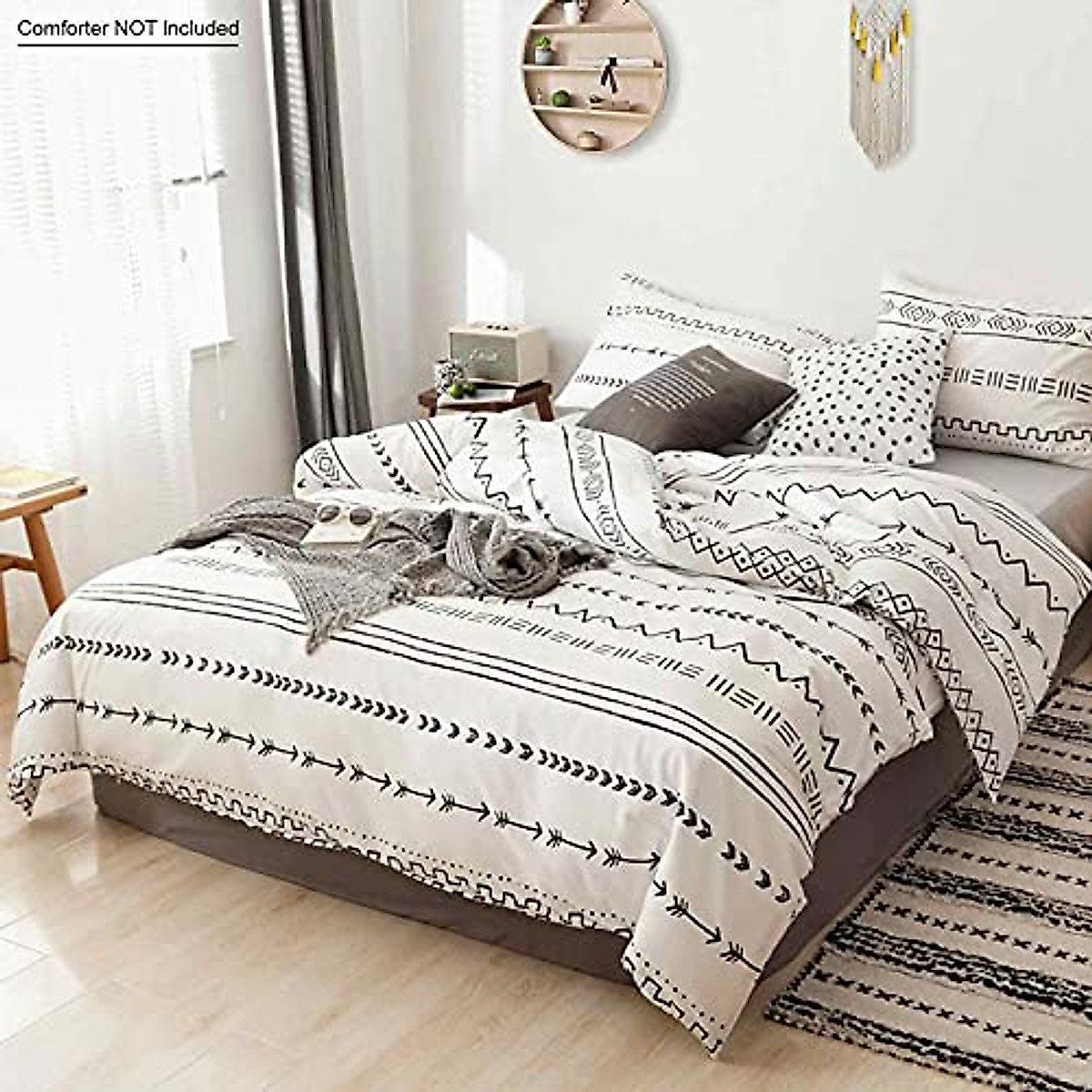 ETDIFFE Boho Geometric Duvet Cover Twin Size - 2 Piece Farmhouse Aztec Stripe Pattern Printed Microfiber Comforter Cover Set - Soft and Lightweight Bohemian Neutral Quilt Cover, White and Black
