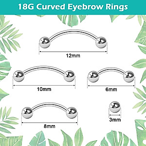 CrazyPiercing 18G Curved Barbell Piercing Jewelry 16P Tragus Rook Eyebrow Rings Surgical Steel VCH Piercings Jewelry for Men/Women 6mm 8mm 10mm 12mm
