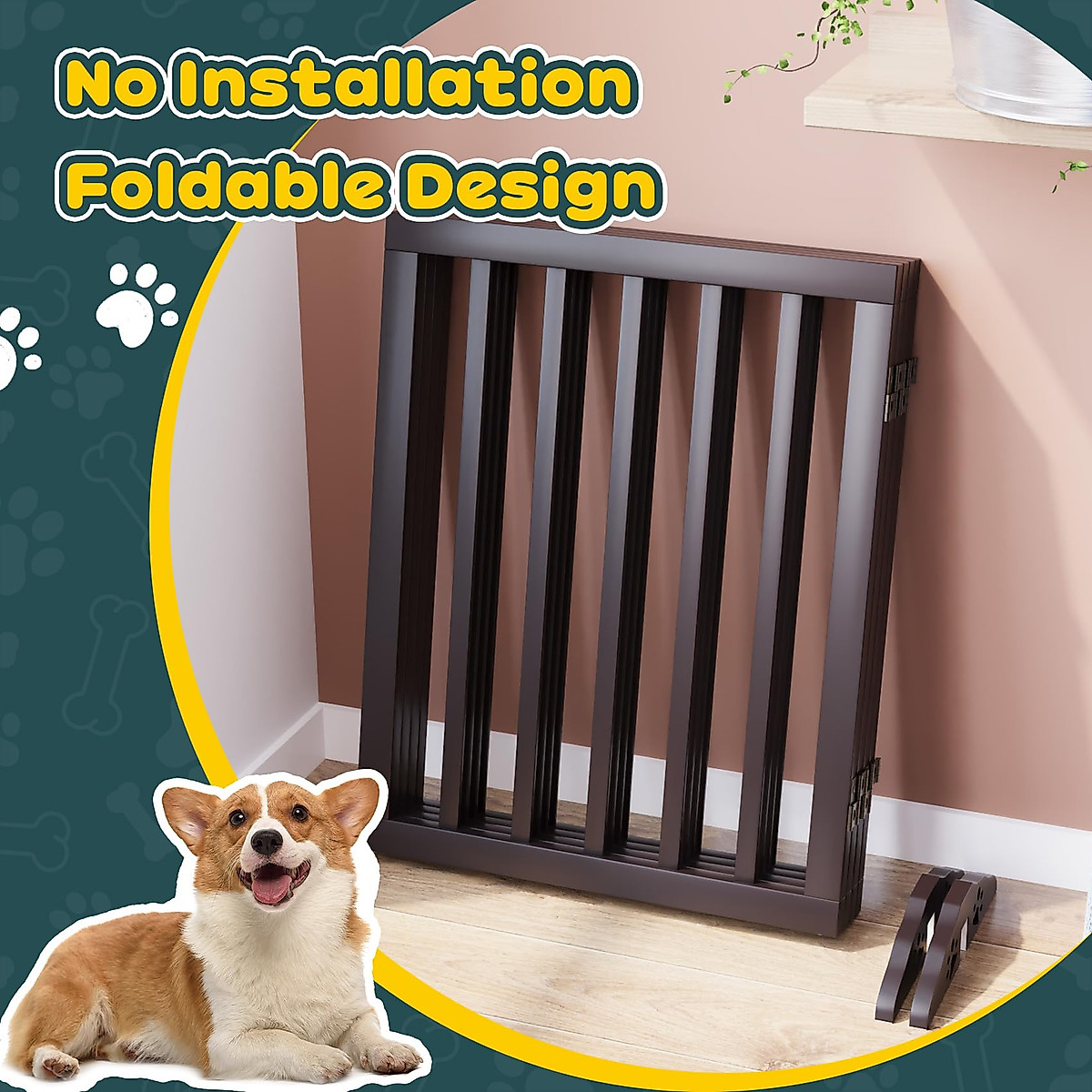 Semiocthome Freestanding Dog Gates for The House, Doorways, Stairs with 2PCS Support Feet, Foldable 4-Panel Pet Gates for Dogs, 24"(H) Extra Wide Doggy Fence for Inside Expands Up to 74"(W)- Brown