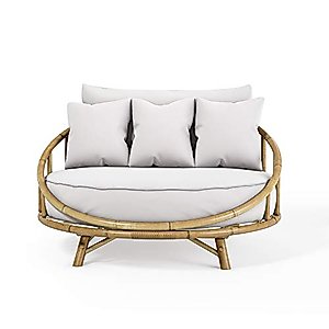 Zew Bamboo Daybed Outdoor Indoor Large Accent Sofa Chair Lawn Pool Garden Seating with Cushion and Pillows Natural Rattan Round Sofabed v.2021
