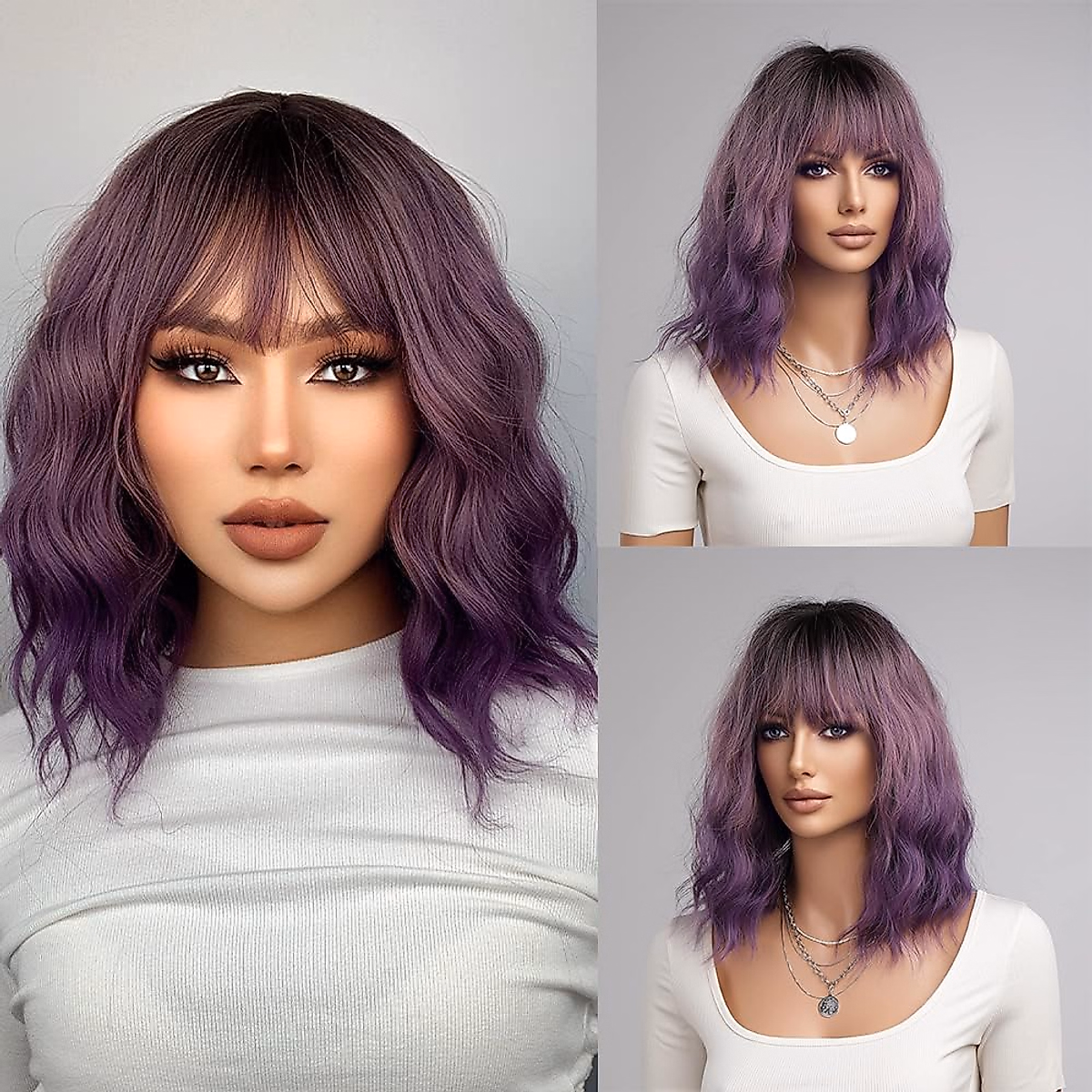 Haoland Purple Wig With Bangs for Women 14” Short Bob Wavy Wig Heat Resistant Colored Wigs Synthetic Wig for Daily Party Use Cosplay (Purple)