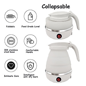 Foldable Portable Electric Kettle with Food Grade Silicone, 6 Mins Fast Water Boiling Tea Pot Coffee Pot for Camping or Travel, Collapsible Kettle with Separable Power Cord 110V US Plug 600ML White