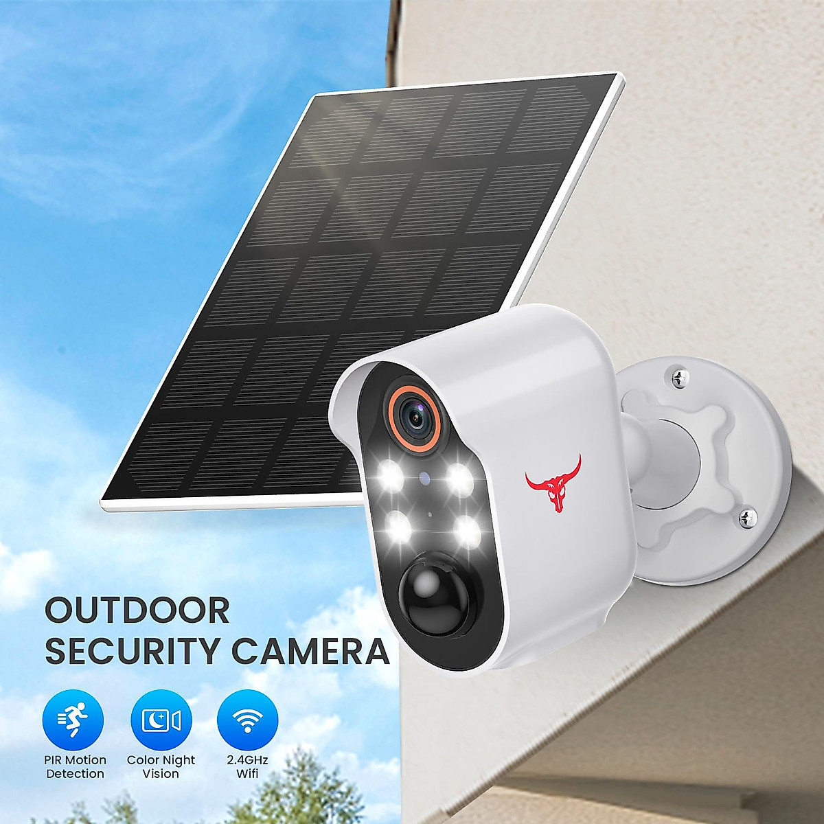 SJCODE 1080P Security Camera Wireless Outdoor with Solar Panel for Home Security, Color Night Vision, PIR Motion Detection, Cloud Storage, 4 Spotlights, 2-Way Audio, Bullet Surveillance Cam