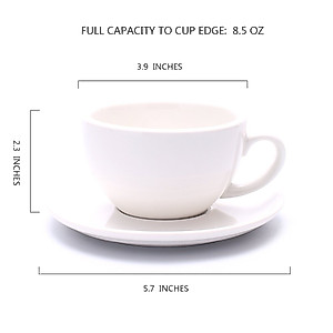 Coffeezone Cappuccino Barista Cup and Saucer Latte Art & Americano, New Bone China Coffee Shop Use (Glossy White, 8.5 oz)