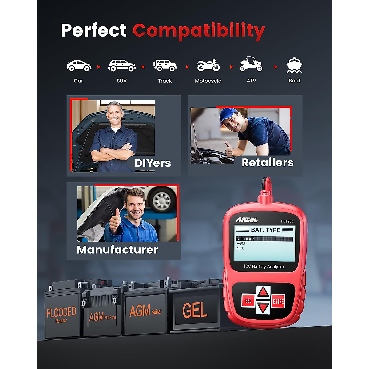 ANCEL BST200 Car Battery Tester 12V 100-1100 CCA Automotive Bad Cell Load Test Tool Digital Analyzer Tester for Car Truck Motorcycle SUV Boat and More