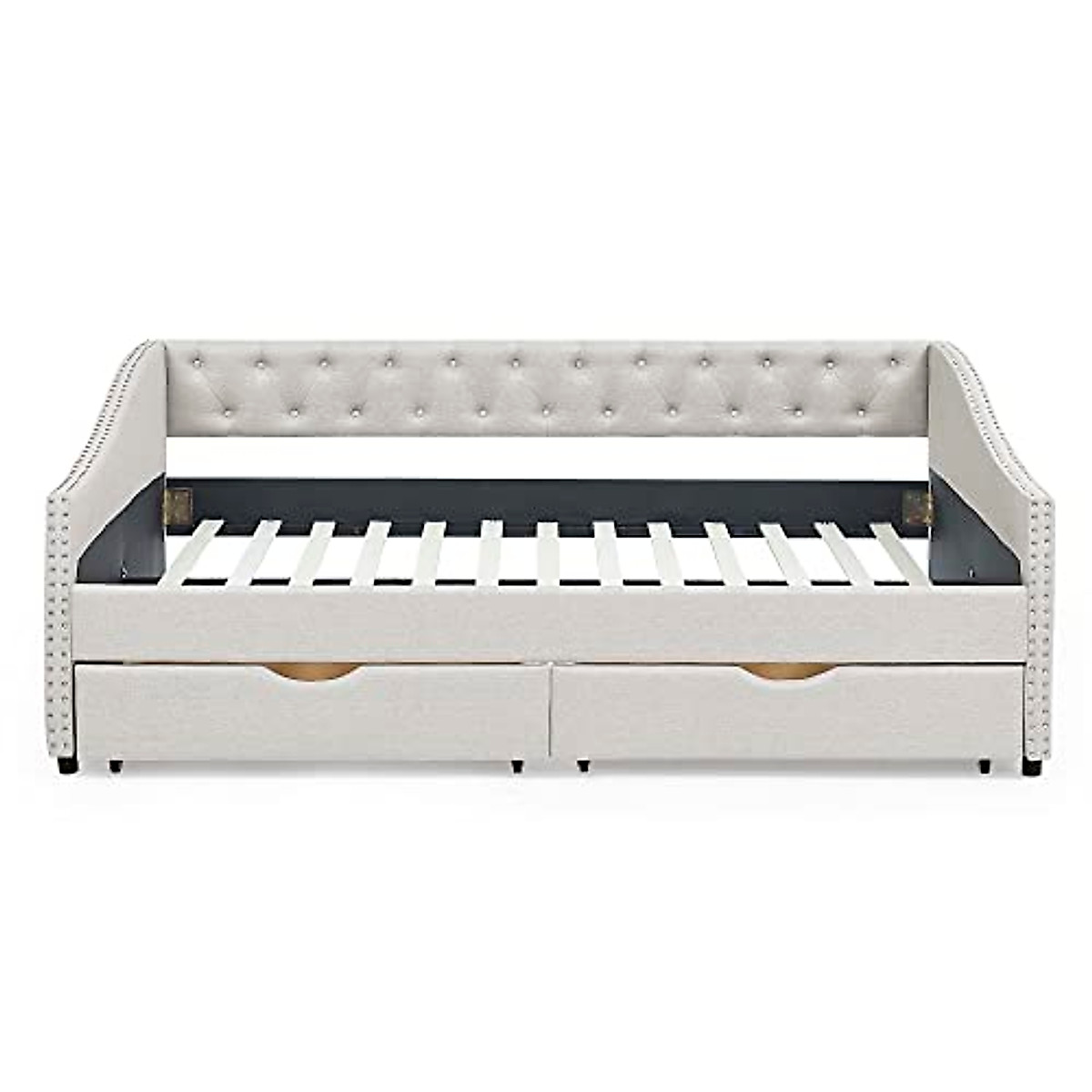 YUNLife Full Size Upholstered Daybed with Two Storage Drawers,Full Polyester Sofa Bed Storage Daybed Frame with Button on Back and Copper Nail on Waved Shape Arms for Bedroom Guest Room