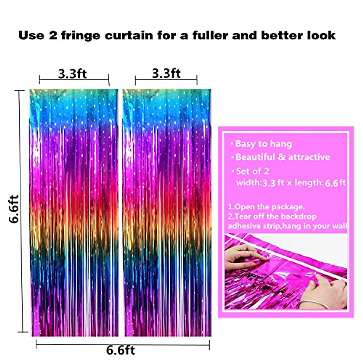 2 Pack Backdrop Curtain 3.3FT x 8.1FT Metallic Tinsel Foil Fringe Curtains Photo Booth Background for Birthday Party Baby Shower Wedding Engagement Bridal Decorations Sparkly Rainbow