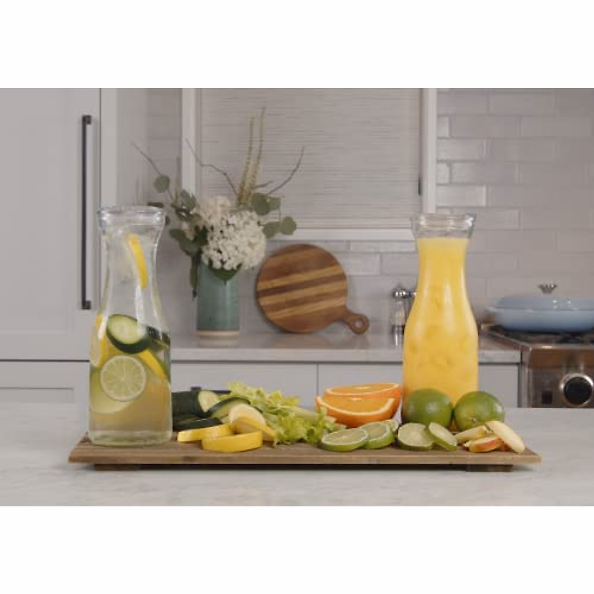 AYL Set of 2 Glass Carafe with Lids, 32 Oz Water Pitcher Beverage Serveware Carafe, Clear Glass Pitcher for Mimosa Bar, Cold Water, Brunch, Wine, Juice, Milk, Iced Tea, Lemonade,1 Hand Pour Lid