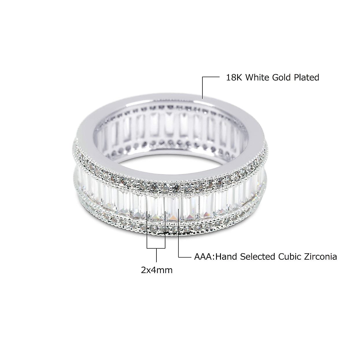 Savlano 18K Gold Plated Cubic Zirconia 8MM Emerald Cut Eternity Lustrous Ring Band for Women (8)