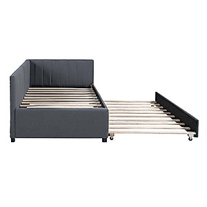 Acosure Twin Size Upholstered Linen Daybed with 2 Trundle,Semi-Closed Design,Solid Wood Bed Frame,W/Backrest and Slat Support,No Box Spring Needed,for Apartment Bedroom,Gray