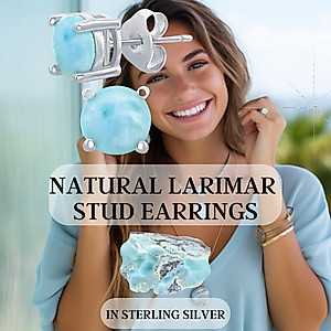 Beaux Bijoux Sterling Silver Larimar Blue Earrings for Women - Natural Larimar Jewelry - Beautiful Blue Larimar Stones - Round Hypoallergenic Stud Earrings - Unique Larimar Earrings