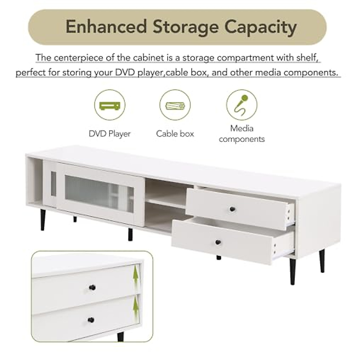 PONNYC TV Stand for TVs up to 75",Modern TV Cabinet with Sliding Fluted Glass Doors and Slanted Drawers,Media Entertainment Center Console Table Coffee Tables Credenza for Living Room Bedroom,White B