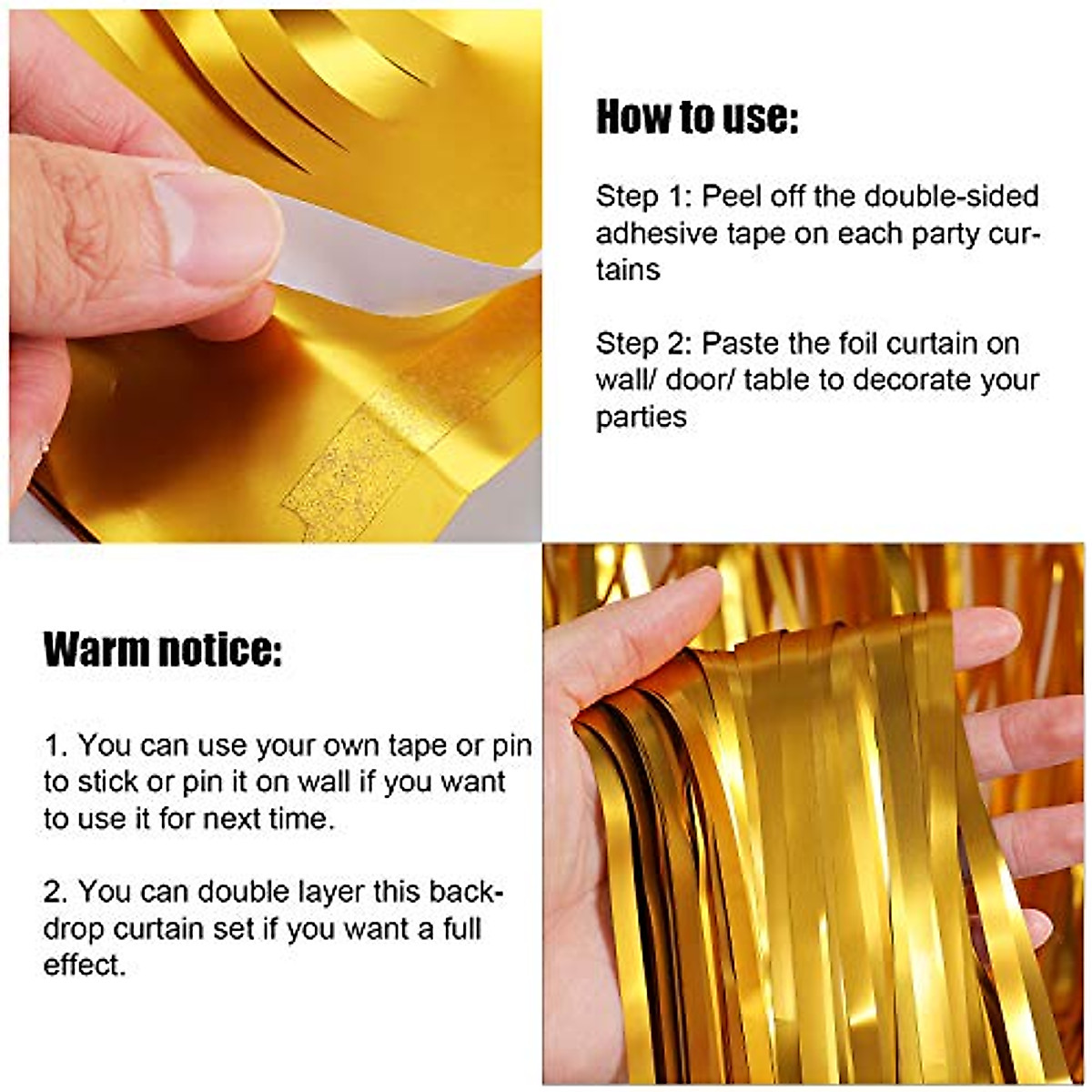 4 Packs Photo Booth Backdrops Foil Curtains Metallic Tinsel Backdrop Curtains Door Fringe Curtains for Wedding Birthday Christmas Halloween Disco Party Favour Decorations (Matt Gold, Matt Black)