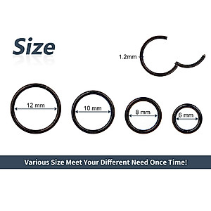 16G Black Stainless Steel 6-12mm Segment Hinged Cartilage Earrings - 4pc Clicker Hoop Set, Unisex Piercing Rings - Mothers Day Gifts