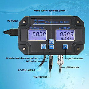 6 in1 PH Meter for Water Hydroponics Accuracy Digital PH Tester pH/EC/TDS/Salt/SG/Temperature Meter with Wireless Wi-Fi PH Monitor via Mobile APP for Household Drinking, Pool and Aquarium