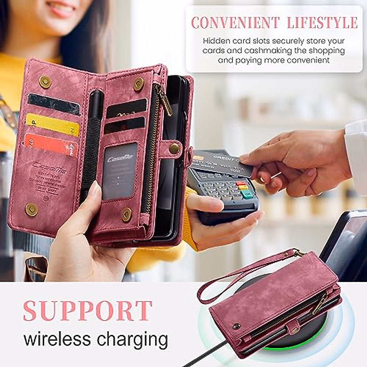 phone flip case Wallet Case Compatible with Samsung Galaxy Z Fold 5,2 in 1 Detachable Premium Leather Magnetic Zipper Pouch Wristlet Flip Phone Case,Matte Soft Leather+TPU Bottom Shell Case W Card Hol