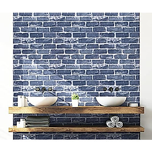 Timeet Blue Brick Wallpaper Peel and Stick Wallpaper 17.7" x 118.11" Self-Adhesive Removable Brick Textured Wallpaper Waterproof Backplash Living Room Wall Decor