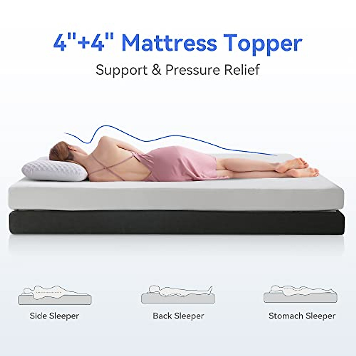 Erdoru 2 Inch Queen Size Mattress Topper with Removable Cover,8 Inch Memory Foam Mattress,2-in-1 Combination Mattress Topper in a Box,CertiPUR-US Certified,White
