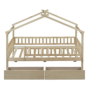 House Bed with Fence Storage, Twin Size Montessori Style Beds with Railings and 2 Drawers, Wooden Playhouse Bed Frame for Kids Girls Boys, Natural