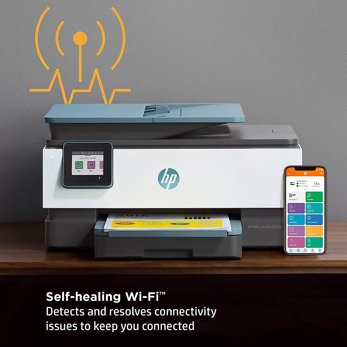 HP OfficeJet Pro 8028e All-in-One Wireless Color Inkjet Printer, Print Copy Scan Fax, Auto 2-Sided Printing, 20 ppm, 2.7" Color Touchscreen, Self-Healing Wi-Fi, W/MD Cable