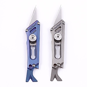 Tacray Titanium EDC Utility Knife with a bottle opener and in the tail, Pocket Knife Box Cutter with Retractable and Replaceable Blade, Mini Knife for Multiple Cutting Tasks（Blue)