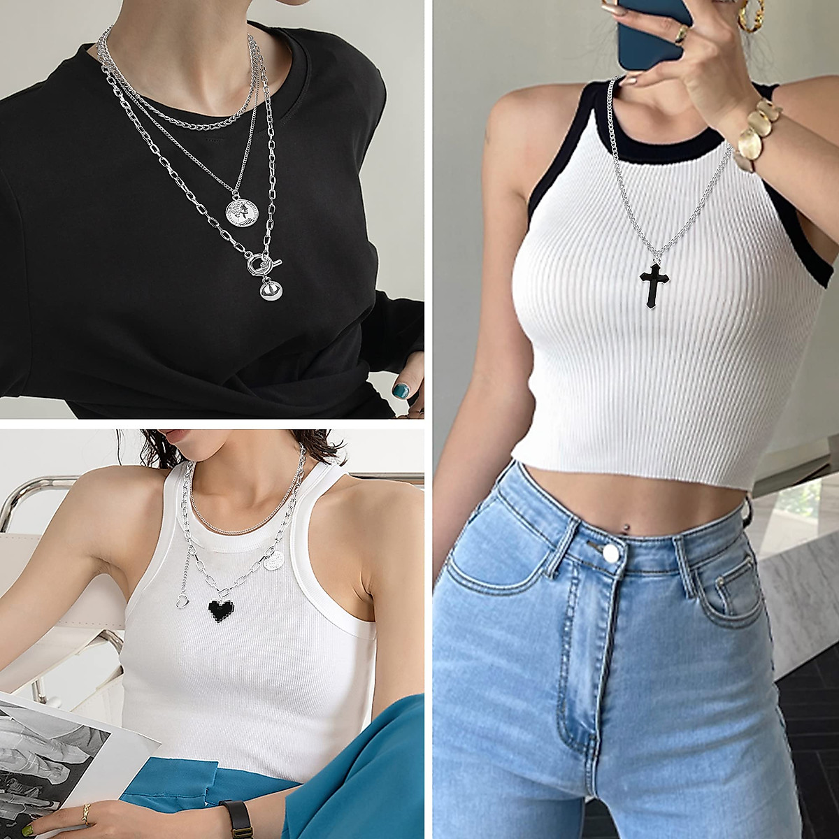 JOERICA 9 Pcs Chain Necklace Egirl Cool Goth Punk Layered Necklaces for Women Men Butterfly Heart Black Crystal Cross Pendant Choker Necklace Set Y2K Emo Jewelry