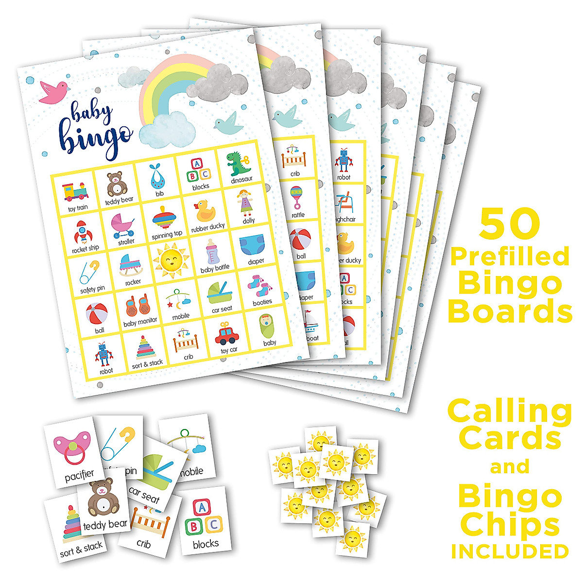 Baby Shower Games | 5 Games 50 Sheets Each 5x7 inches | Fun and Easy to Play Activities | Baby Predictions and Wishes/Advice, Bingo, What’s on Your Phone, Word Scramble and Price It Right