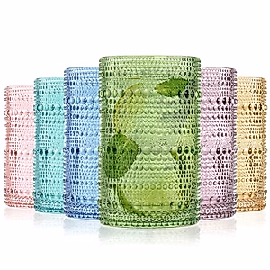 ZOOFOX Set of 6 Vintage Drinking Glasses, 12 Oz Colored Hobnail Glasses Tumbler, Embossed Design Glass Tumblers Set for Water, Beverages, Juice, Beer, Cocktail, Whiskey, Milk