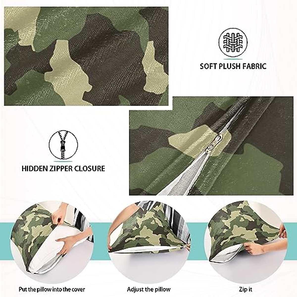 Camouflage Army Green Pillow Cases King Size Velvet Pillow Covers Super Soft Decorative Pillowcase with Zipper for Bedroom Sofa Couch Home Decoration