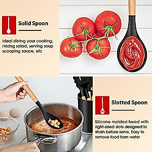 Cooking Utensils Set of 6, E-far Silicone Kitchen Utensils with Wooden Handle, Non-stick Cookware Friendly & Heat Resistant, Includes Spatula/Ladle/Slotted Turner/Serving Spoon/Spaghetti Server(Black)