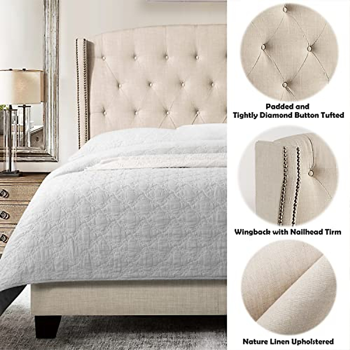 Rosevera Essential Wingback Platform Tufted Headboard/Fabric Upholstered Bed Frame/Wood Slat Support/Easy Assembly, Twin, Beige