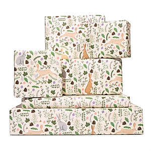 Cute Wrapping Paper - 6 Sheets of Birthday Gift Wrap - Cute Rabbits - Brown Wrapping Paper Sheets - For Girls Baby Shower - Animal Theme - Comes With Fun Stickers - By Central