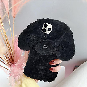 Losin Compatible with iPhone 12 Case Cute Plush Furry Dog Phone Case for Women Girls Girly 3D Cartoon Kawaii Case Soft TPU Shockproof Protective Cover Black