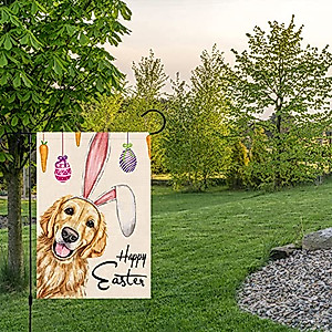 Happy Easter Garden Flag 12x18 Double Sided Burlap, Small Vertical Golden Retriever Dog with Rabbit Ear Garden Yard Flags for Spring Easter Decoration (Only Flag)
