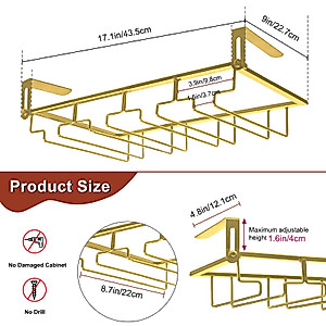AUHOKY Adjustable Wine Glass Holder Under Shelf, Nail Free Metal Stemware Holder Storage Hanger, Hanging Wine Glasses Rack Organizer Under Cabinet Mount for Bar Kitchen (4 Rows, Gold)
