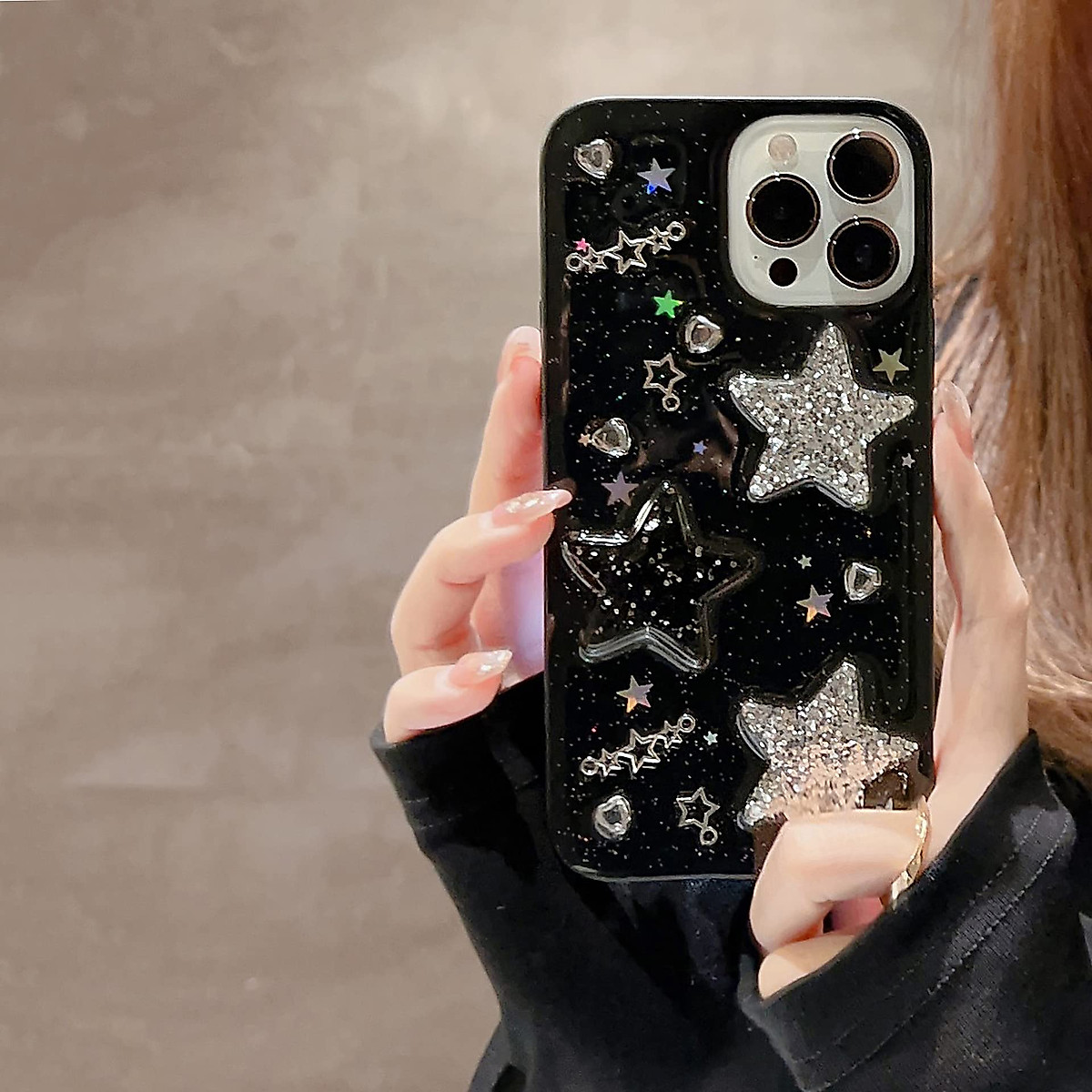LOLAGIGI for iPhone 13 Case Bling Stars 3D Hearts Diamond Twinkle Star Glitter Y2K Spark Luxury Girly Aesthetic Personalized Design for Women Girls Teens TPU Case, 6.1", Black