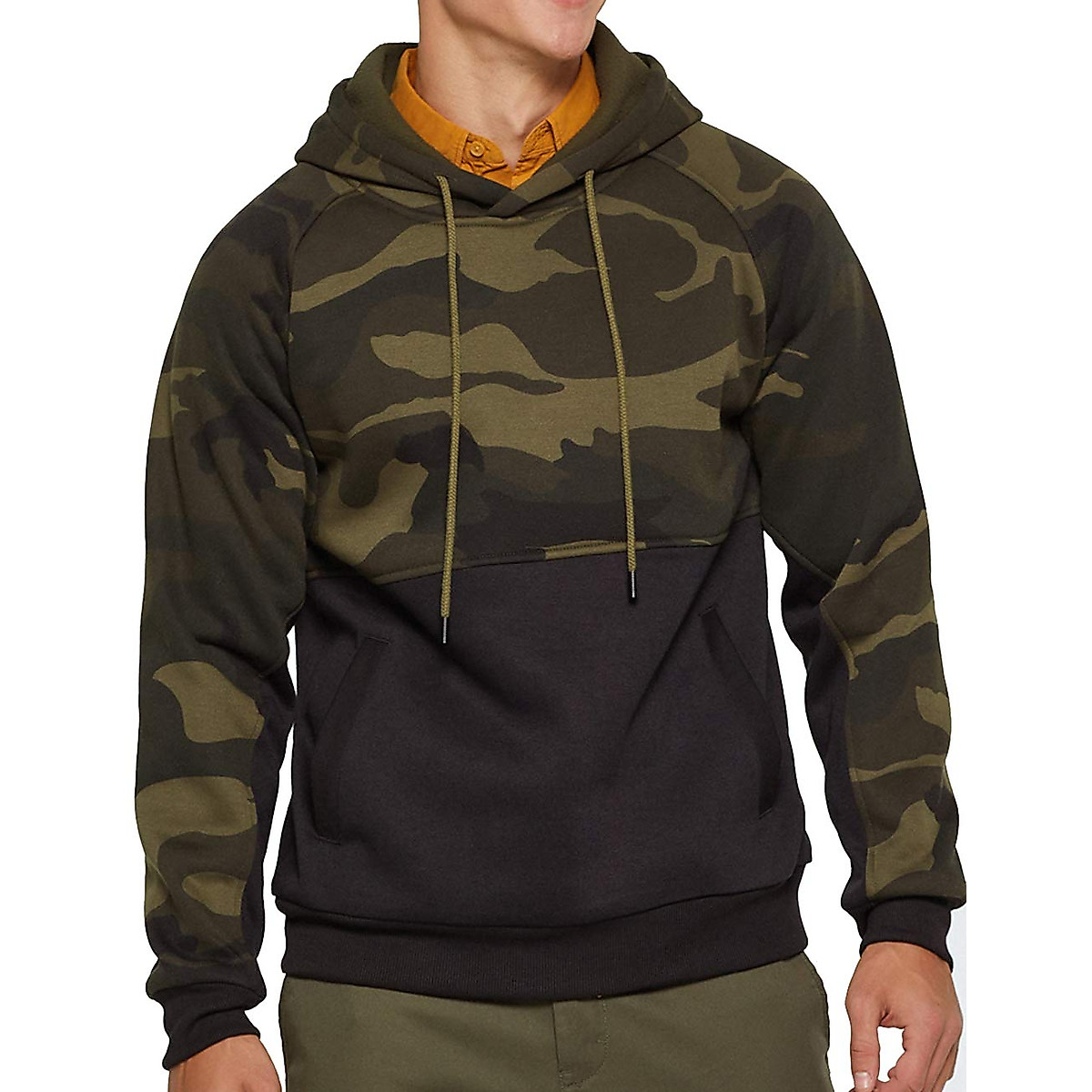 DUOFIER Men's Workout Contrast Raglan Sleeve Shirt Hooded Sweatshirt, Camo Black-S