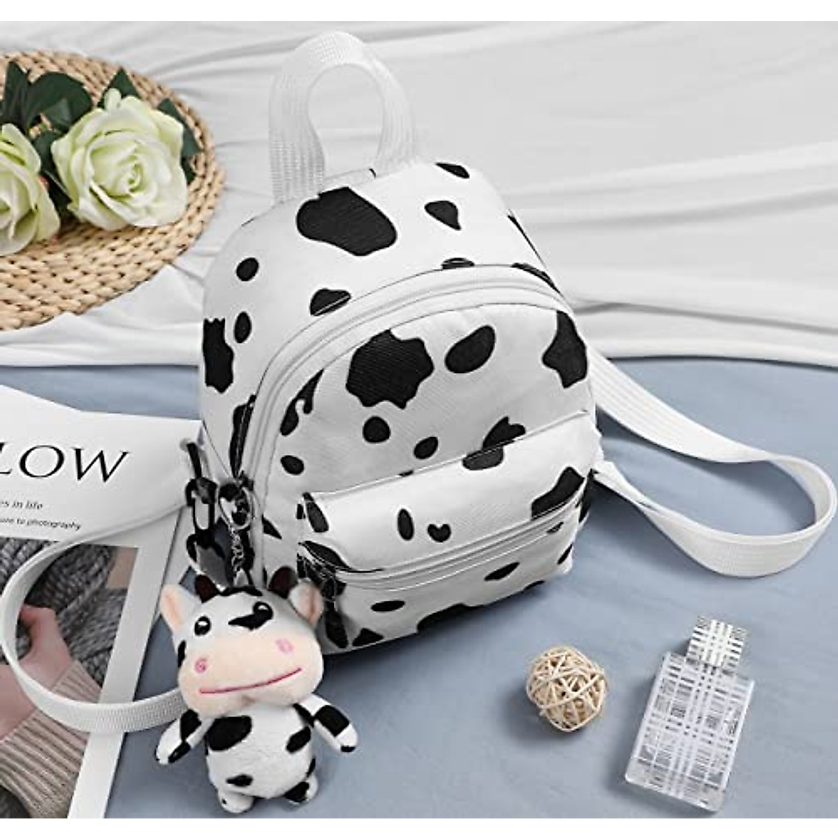 Amosfun Cow Pattern Backpack Cow Print Backpack Mini Canvas Daypack with Plush Cow Pendant for Bag Accessory