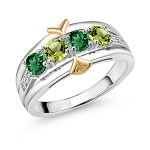 Gem Stone King 925 Sterling Silver and 10K Yellow Gold Round Green Nano Emerald Green Peridot and White Lab Grown Diamond Women Band Ring (1.25 Cttw, Available In Size 5, 6, 7, 8, 9)
