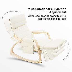 UPHYB Rocking Chair, Rocking Armchair with Fabric Padded Seat,Wooden Based, Adjustable Footrest for Living Room, Bedroom, Balcony, Nursery Room (Beige)