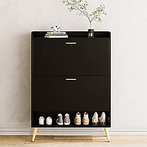 Osfvolr Shoe Cabinet with 2 Flip Drawers, Free Standing Tipping Bucket Shoe Rack Organizer with Top Cubby, Shoe Storage Organizer with Open Shelves for Narrow Closet, Entryway, Black