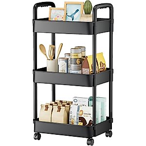 EZ Cozy 3 Tier Rolling Cart, Plastic Rolling Utility Cart with Wheels, Laundry Room Organization, Rolling Storage Cart Organizer, Easy Assemble Bathroom Organizer for Kitchen, Room, Office (Black)
