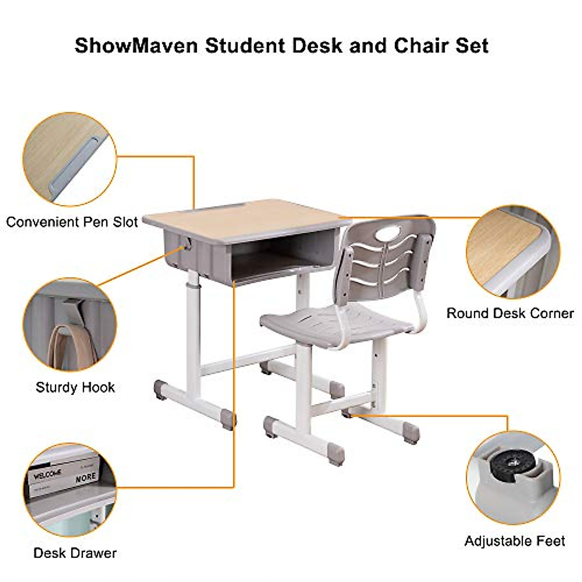 ShowMaven Student Desk and Chair Combo, Height Adjustable Children's Desk and Chair Workstation with Drawer, Pencil Grooves and Hanging Hooks for Home, School and Training (Light Grey&White Oak)