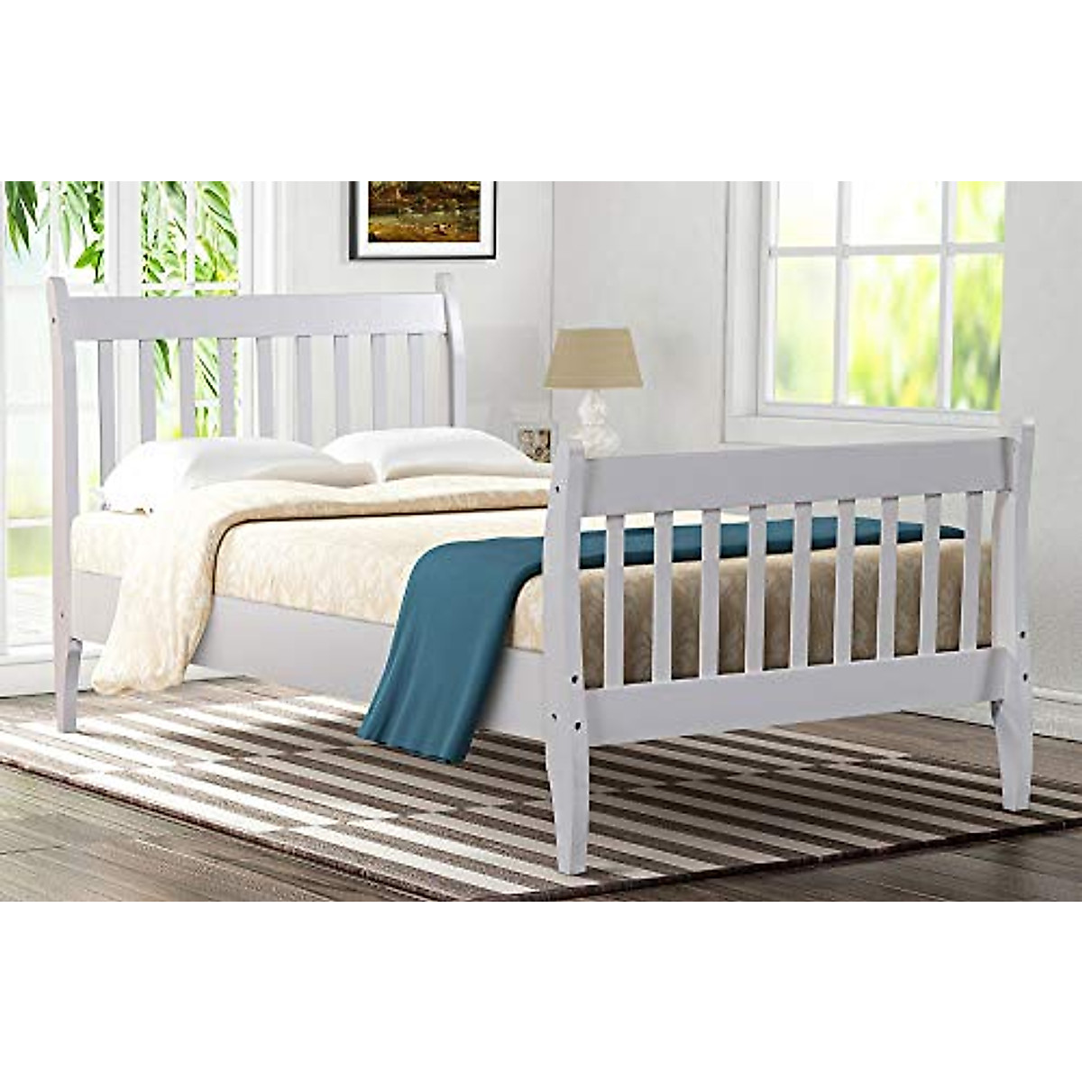 Homtique Solid Wood Twin Size Platform Bed Frame with Wooden Headborad Sturdy Slats Support Single Bed Frame for Kids and Adults,No Box Spring Needed,Easy to Assembly (White, Twin)