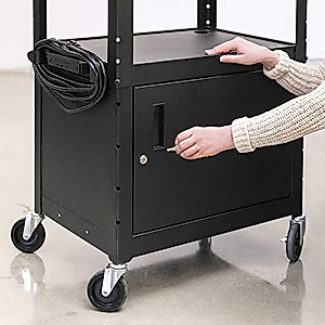 Line Leader AV Cart with Locking Cabinet and Drop Leaves | Height Adjustable Utility Cart with Extra Storage | Power Strip and Cord Management | Great for Presentations (Black / 46 x 18)