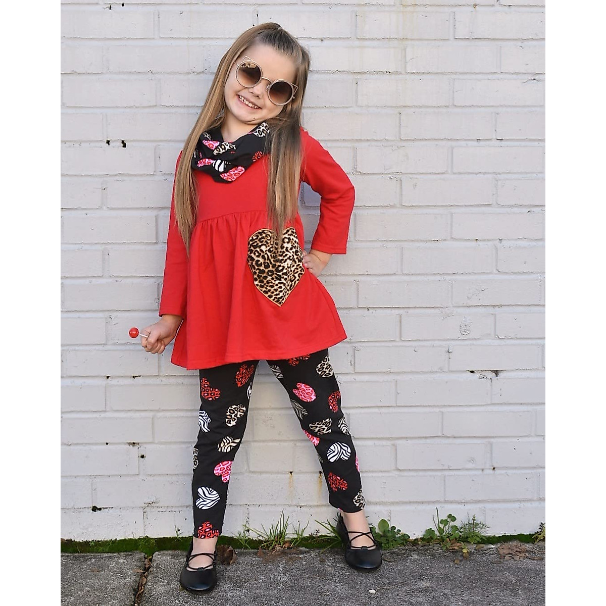 Unique Baby Girls Valentines Day Toddler Animal Print Hearts Legging Set Outfit (7 Years, Red)