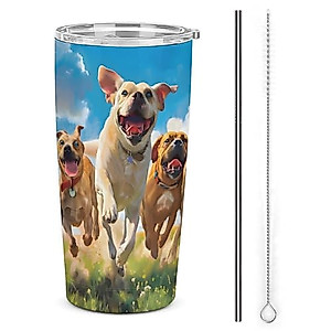 KIOWEIR Dogs Running Stainless Steel Tumbler 20oz With Lid And Straw, Insulated Tumblers Coffee Cup, Travel Mug for Ice Drink & Hot Beverage for Women Men Boys Girls