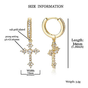 TKMIRA 14K Gold/Silver Plated Cross Earrings Men Women Hypoallergenic Cubic Zirconia Dangle Hoop Earrings (cross3-silver)