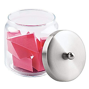iDesign Forma Glass Bathroom Vanity Glass Apothecary Jar with Lid for Cotton Balls, Swabs, Cosmetic Pads, Candy, 3.5" x 4.5", Clear and Brushed Stainless Steel