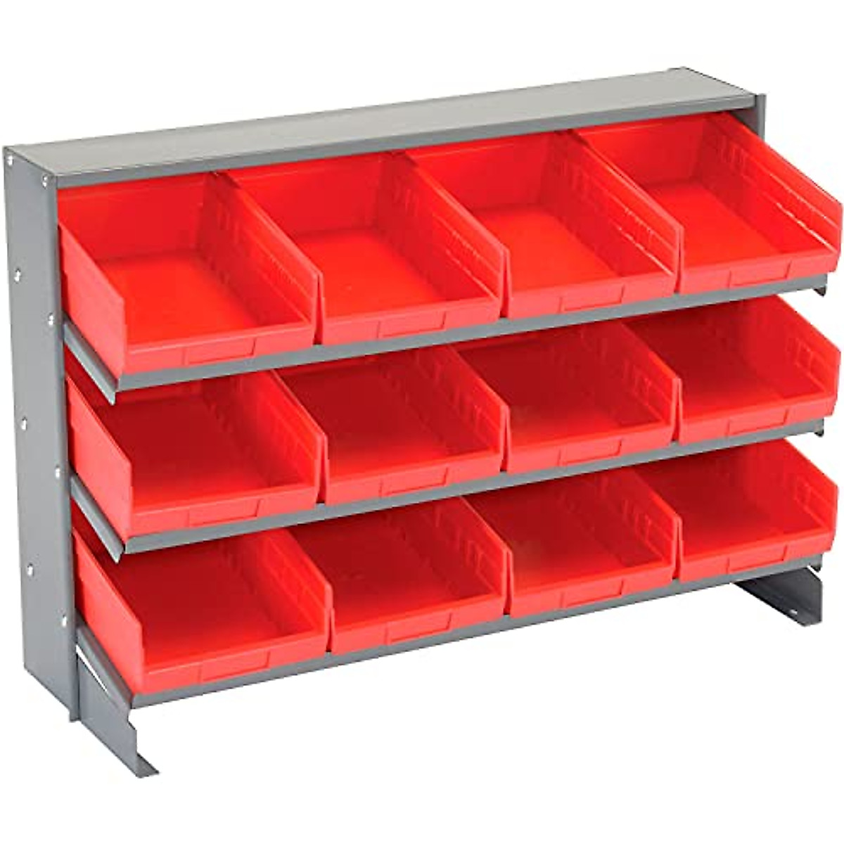 Global Industrial 3 Shelf Bench Rack, (12) 8" W Red Bins, 33x12x21